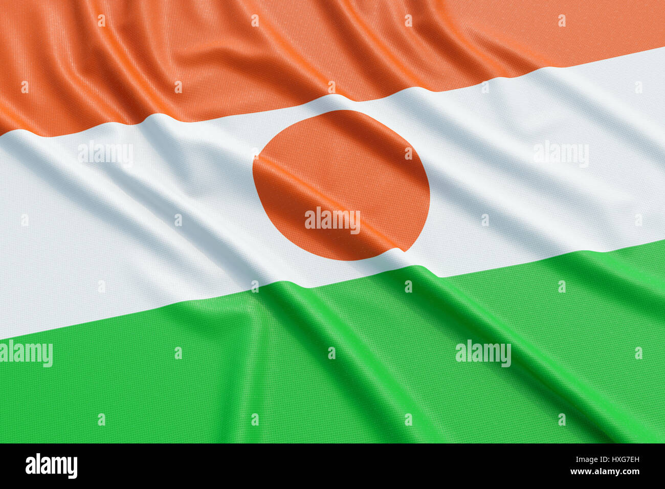 Niger Flagge. Wellige hoch detaillierte Stoff. Abbildung 3D-Rendering ...