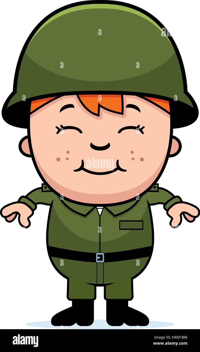 Ein Cartoon Illustration einer Armee Soldat junge stehen und Lächeln ...
