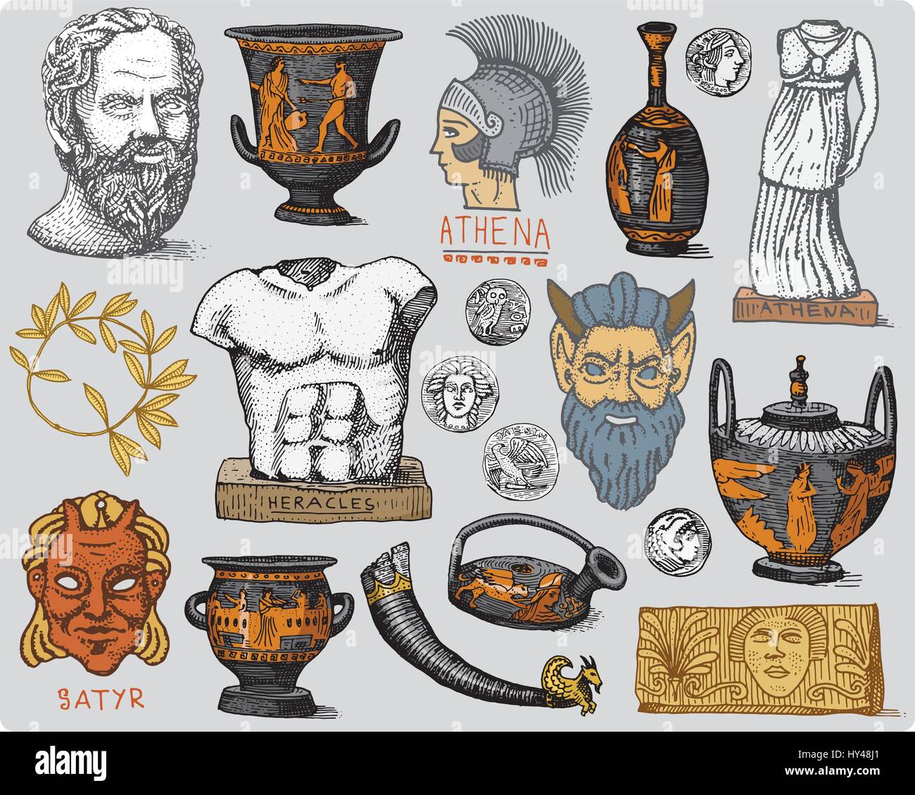 Antike Symbole antike Sokrates Kopf, Lorbeerkranz, Athena-Statue und ...
