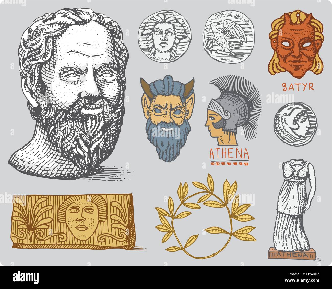 Antike Symbole antike Sokrates Kopf, Lorbeerkranz, Athena-Statue und ...