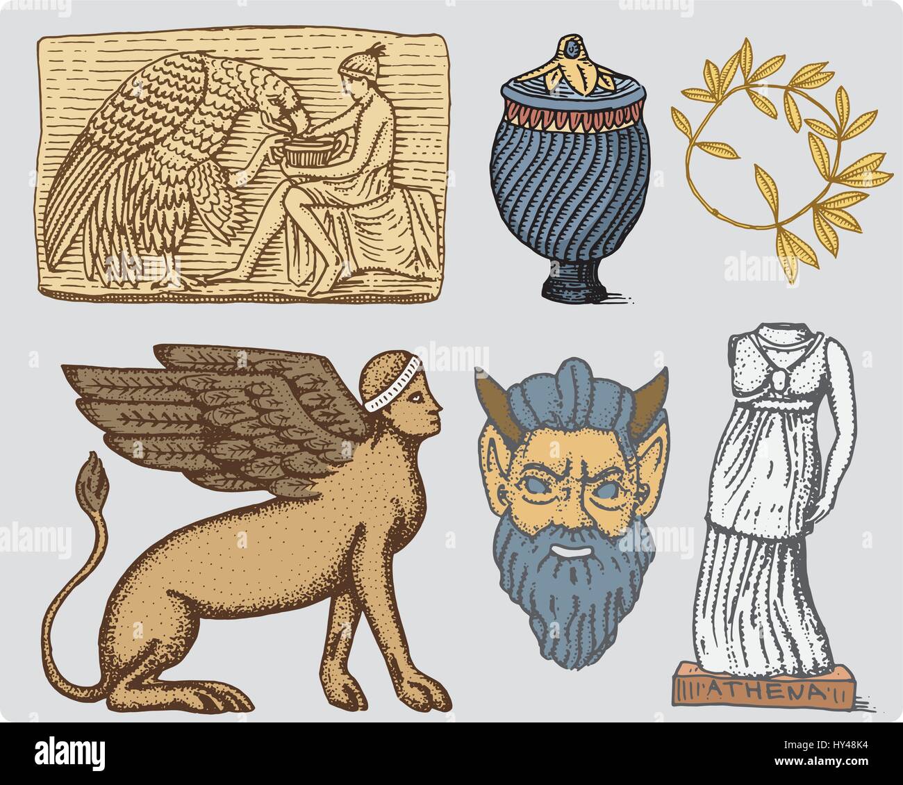 Antike, antike Symbole Ganymed und Adler Anphora, Vase, Athena-Statue ...