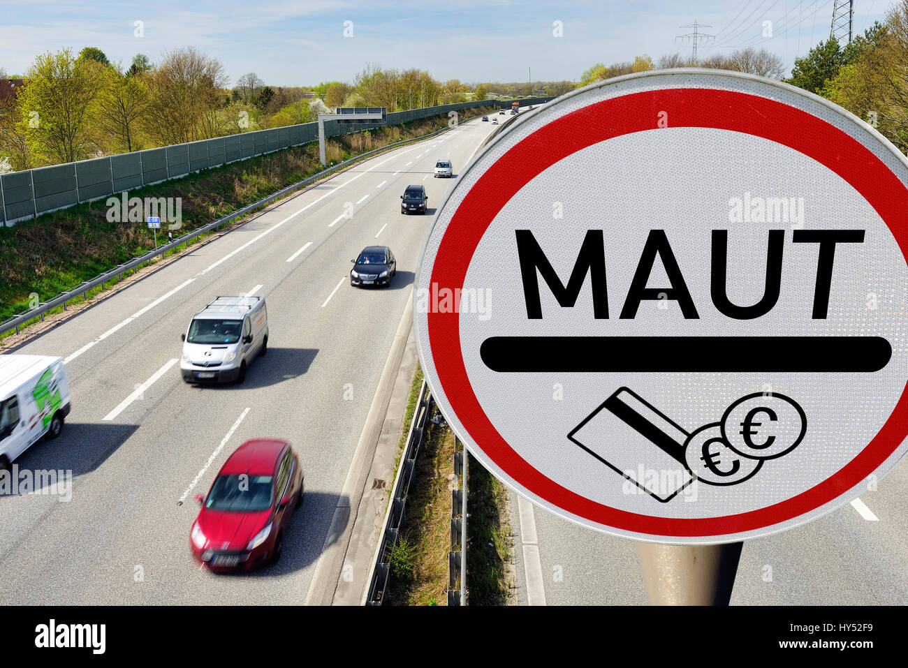 Autobahn und Maut unterzeichnen, symbolische Foto Pkw Pkw-Maut ...