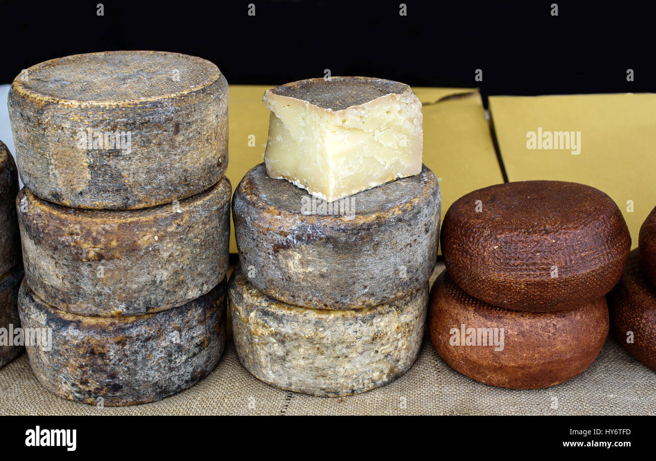 Räder von reifem Käse auf Verkauf im Markt, Toskana, Italien ...