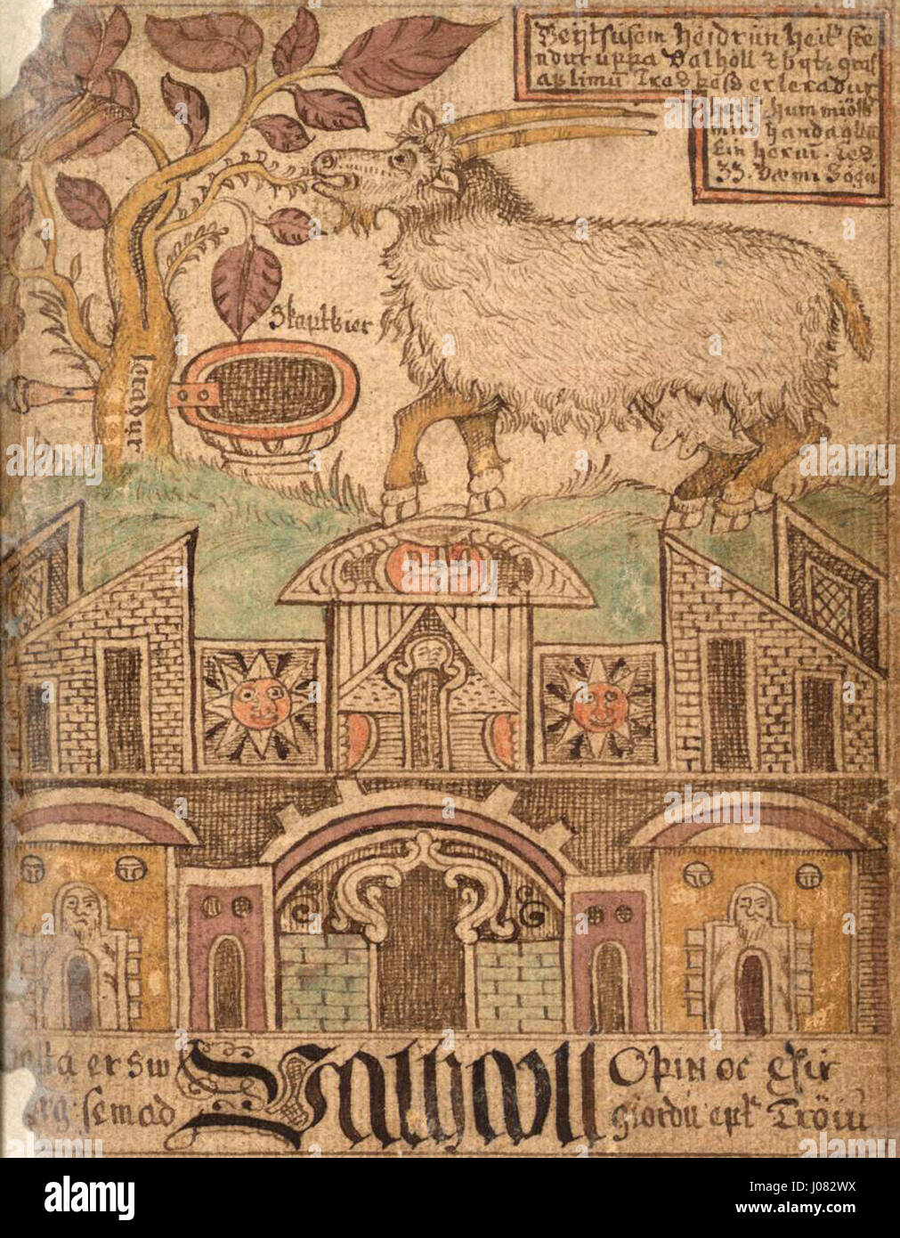 „SµM 66, 73r, Valhöll“ ist eine mittelalterliche Manuskriptillustration, die das nordische ...