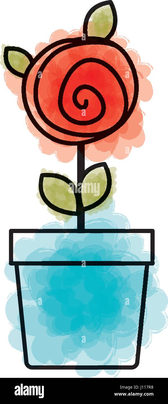 Aquarell Zeichnung der rote Rose mit Blätter und Stengel in Blumentopf ...