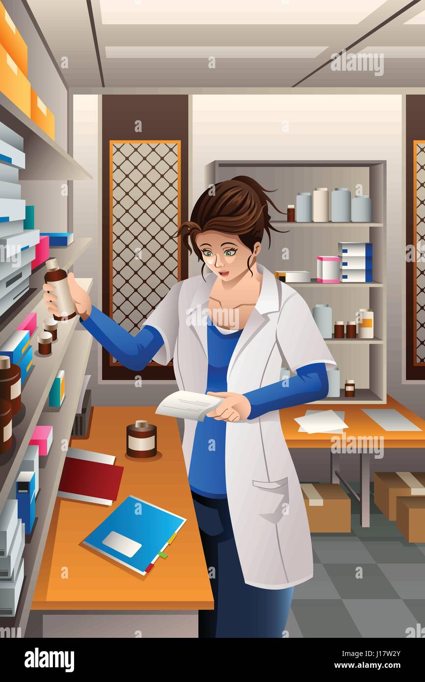 Eine Vektor-Illustration der Apotheker arbeiten in der Apotheke ...