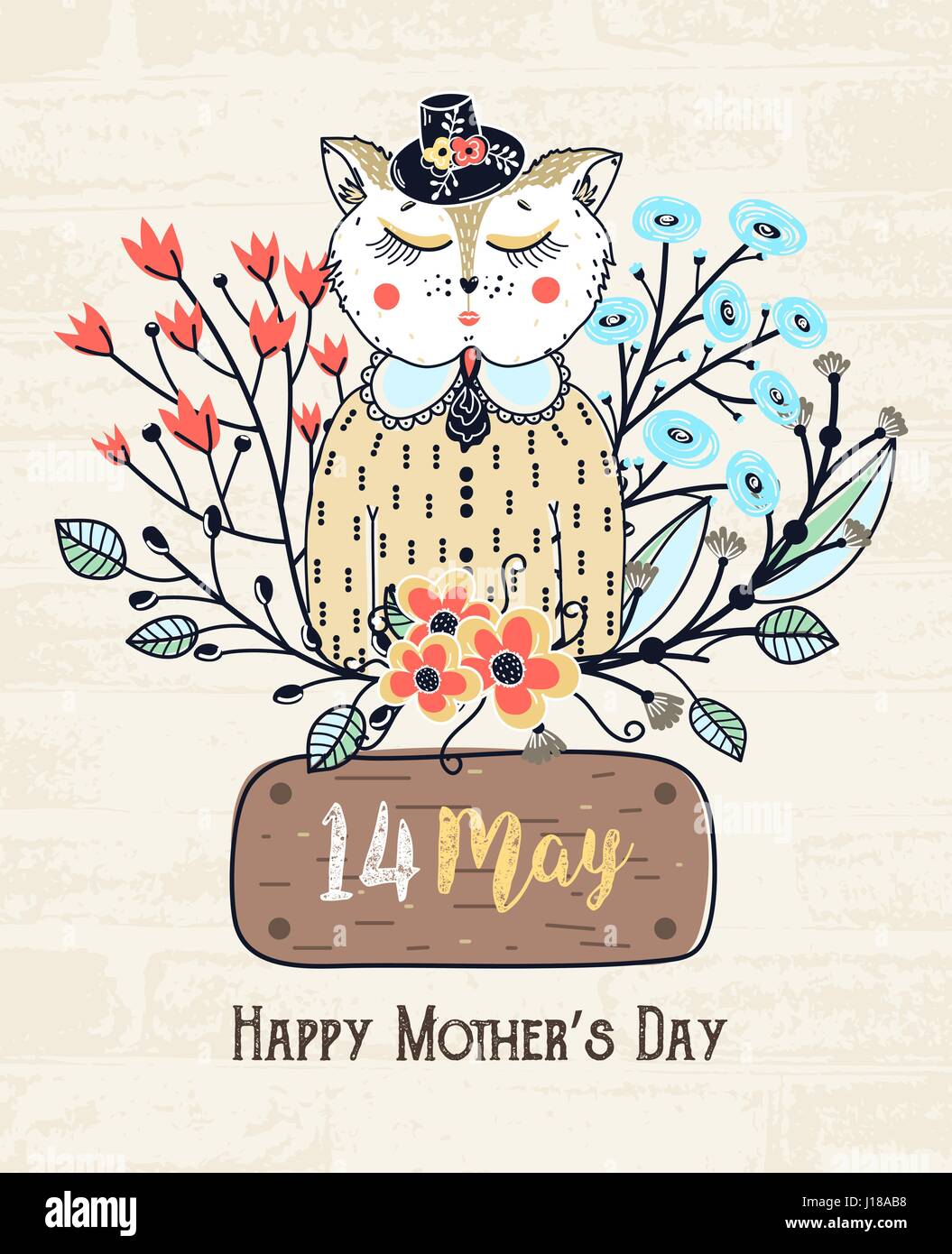 Muttertag. Glückwunsch-Hintergrund mit niedlichen Katze in Blumen ...