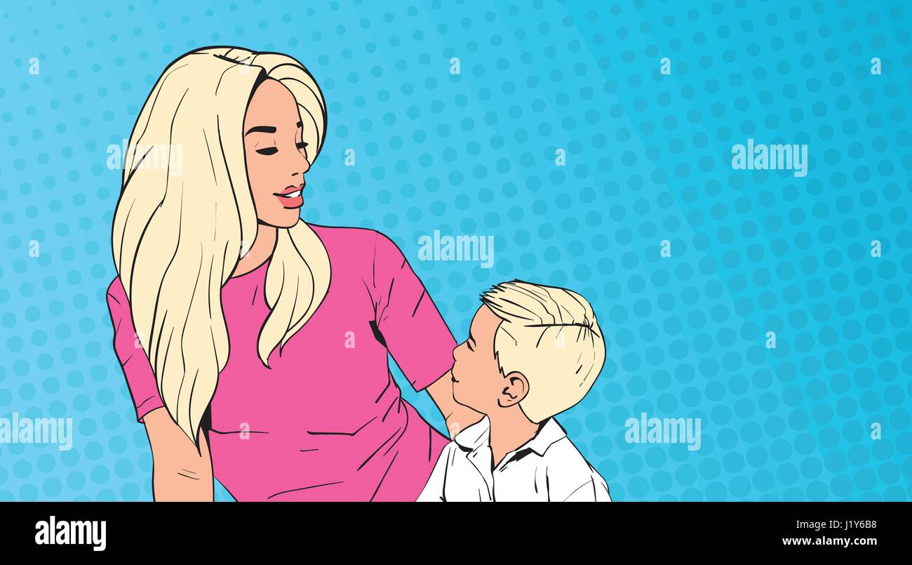 Frau Umarmung Kind, Mutter und Sohn über Pop Art Retro-Pin-Up ...