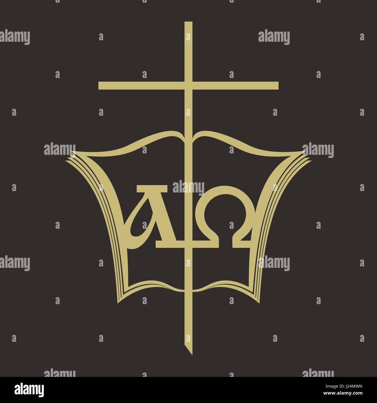 Logo der Kirche. Christliche Symbole. Aufgeschlagene Bibel, das Kreuz ...