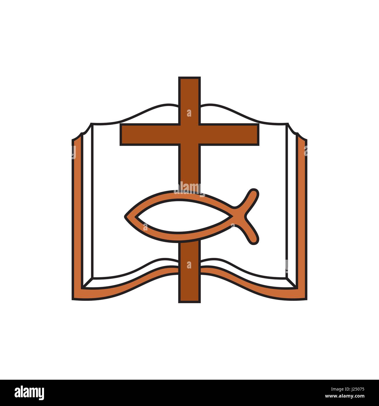 Logo der Kirche. Kreuz von Jesus, der Bibel und christlichen Fisch ...