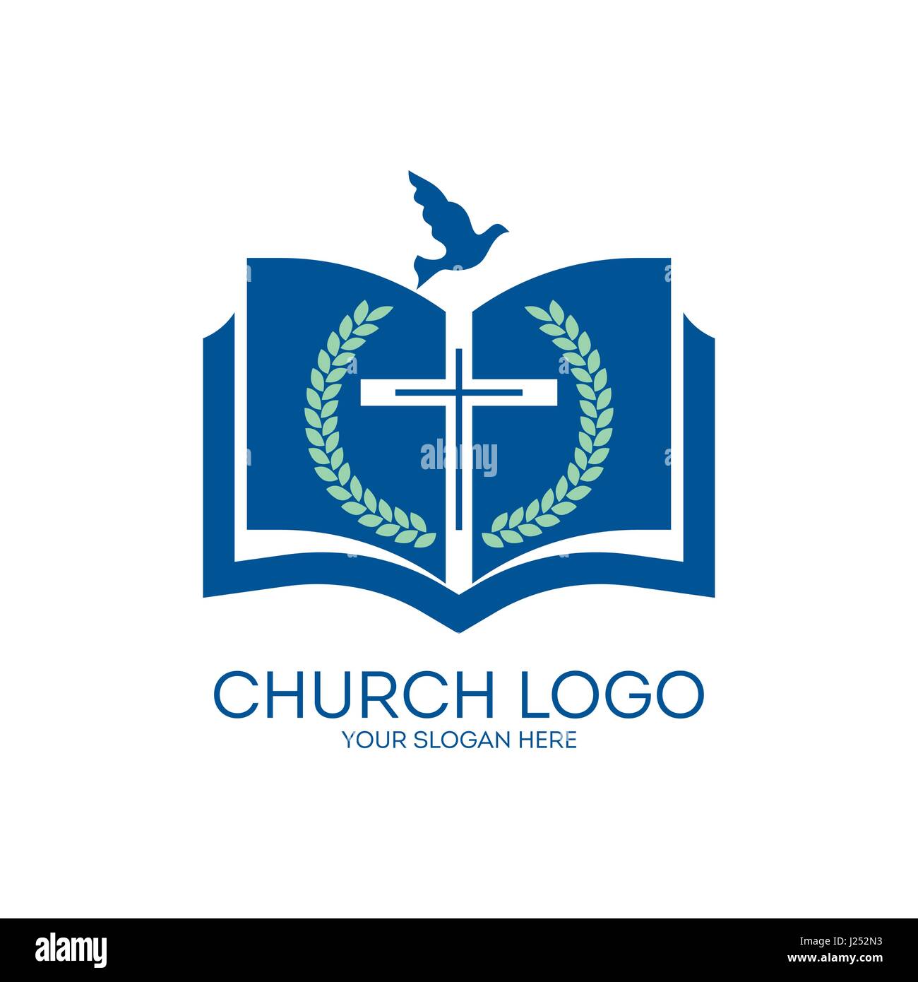 Logo der Kirche. Das Kreuz von Jesus Christus, eine aufgeschlagene ...