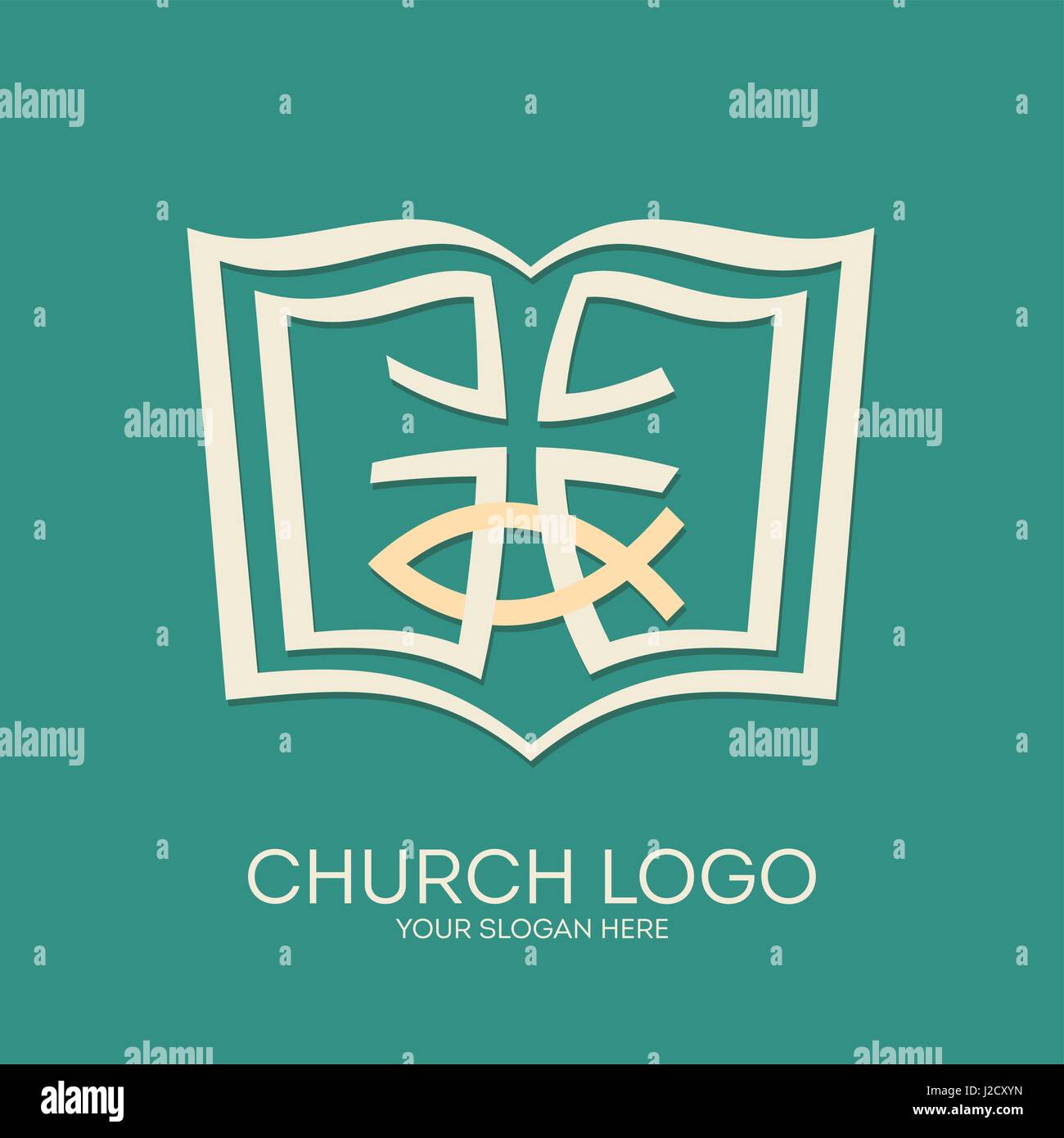 Logo der Kirche. Christliche Symbole. Bibel, Kreuz und Jesus Fisch ...