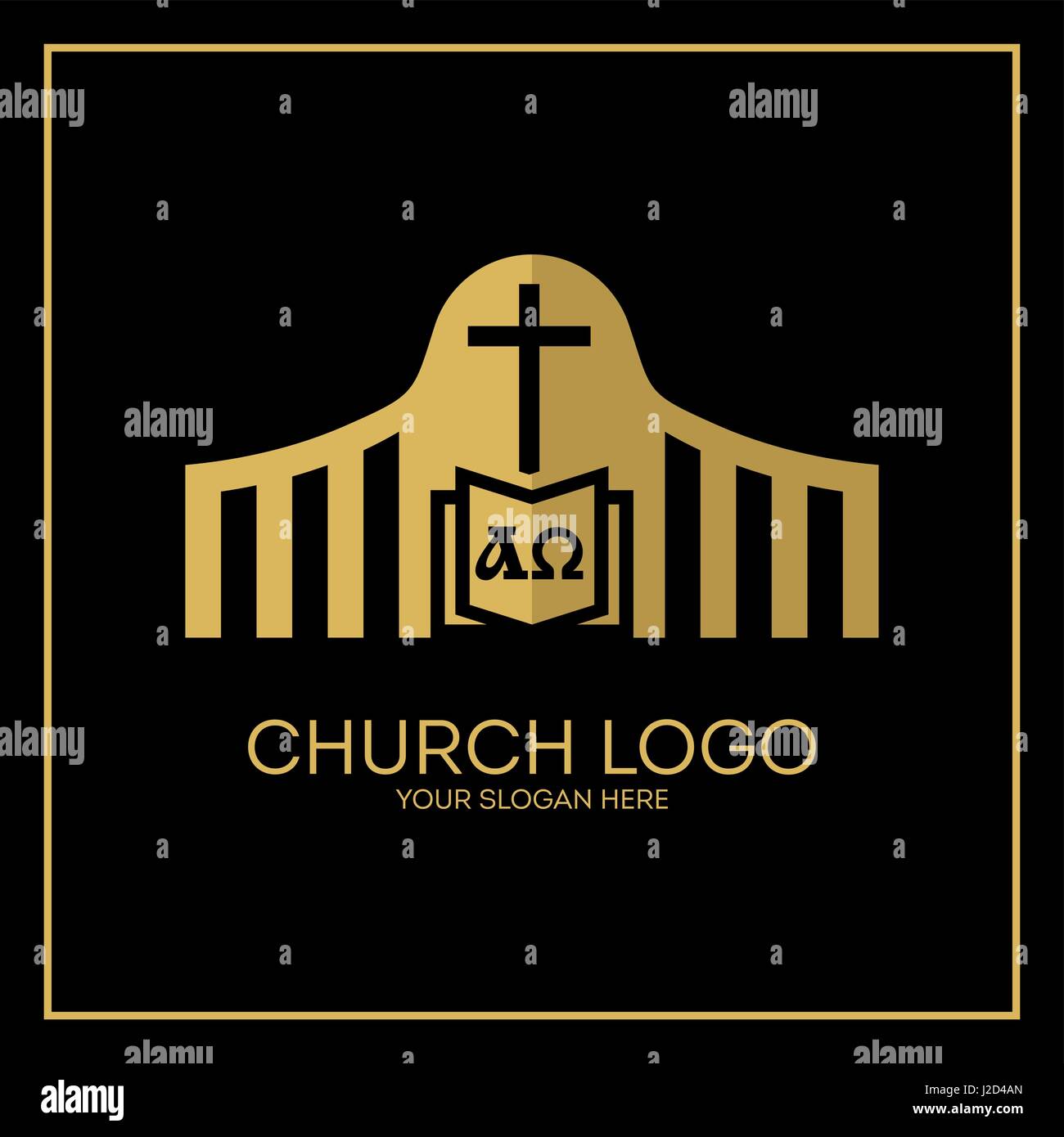 Logo der Kirche. Christliche Symbole. Bibel, Kreuz, Alpha und Omega ...