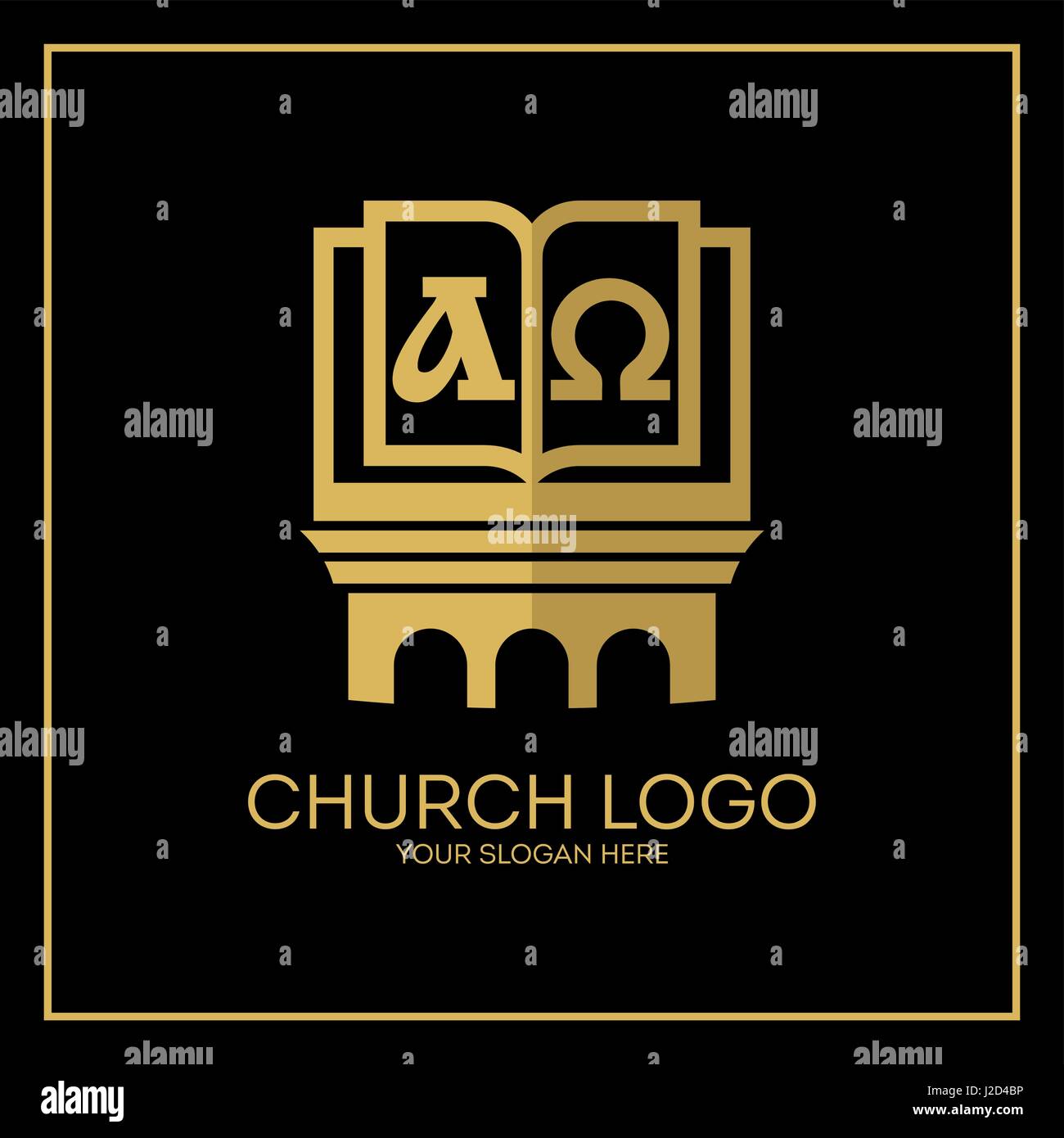 Logo der Kirche. Christliche Symbole. Bibel, Kreuz, Alpha und Omega ...