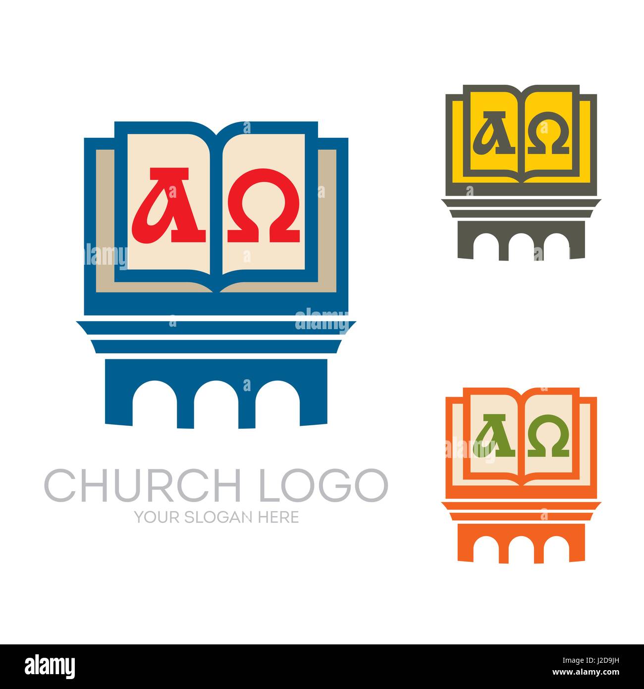 Logo der Kirche. Christliche Symbole. Bibel, Kreuz, Alpha und Omega ...