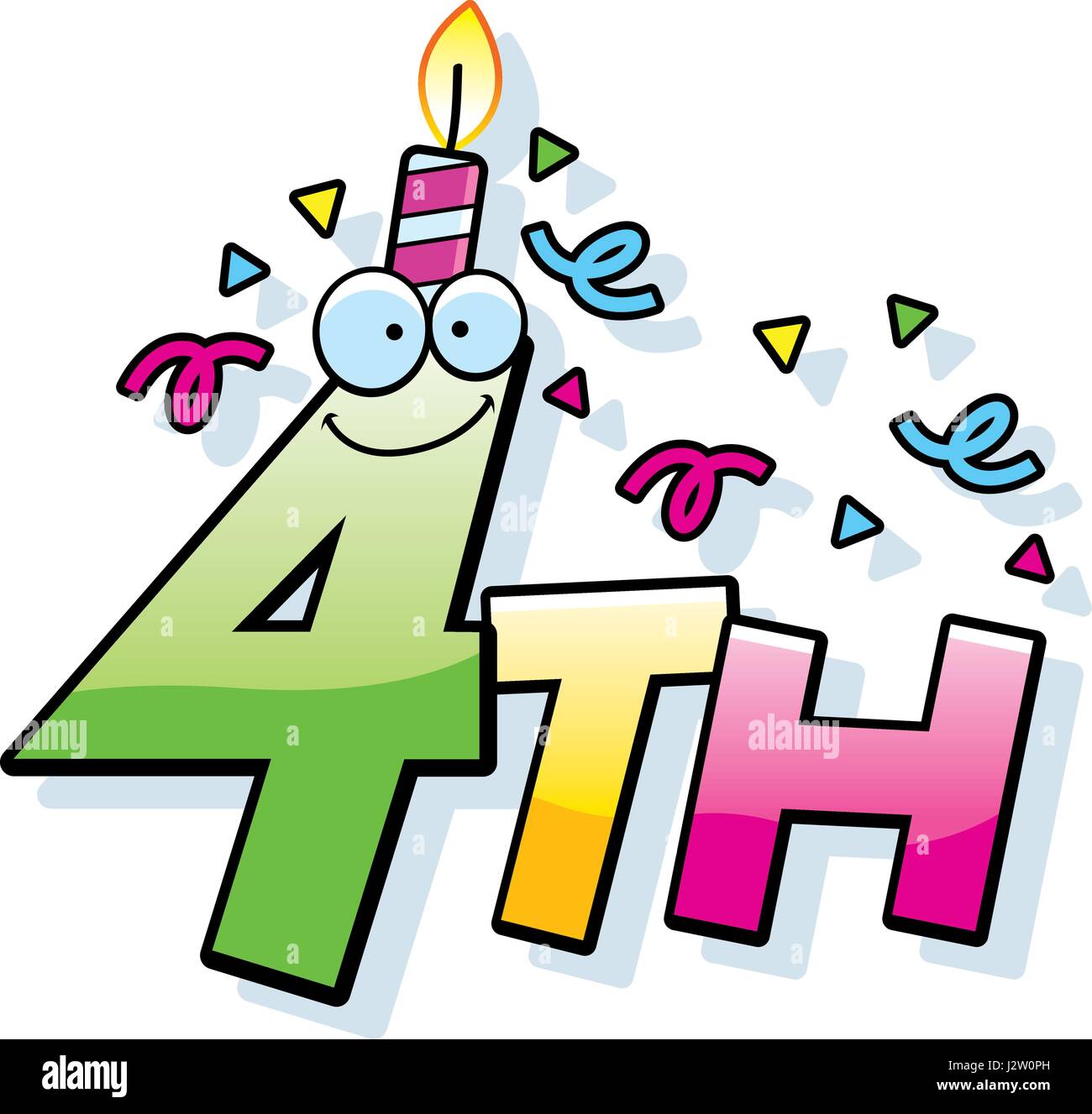 Eine Cartoon-Illustration des Textes 4. Geburtstag Kerze mit Konfetti ...