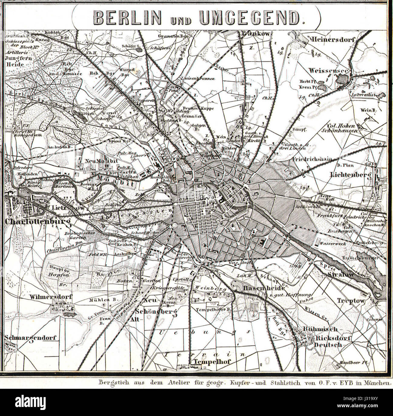 Eine Stahlstichkarte von Berlin aus dem Jahr 1860, die das Stadtbild ...