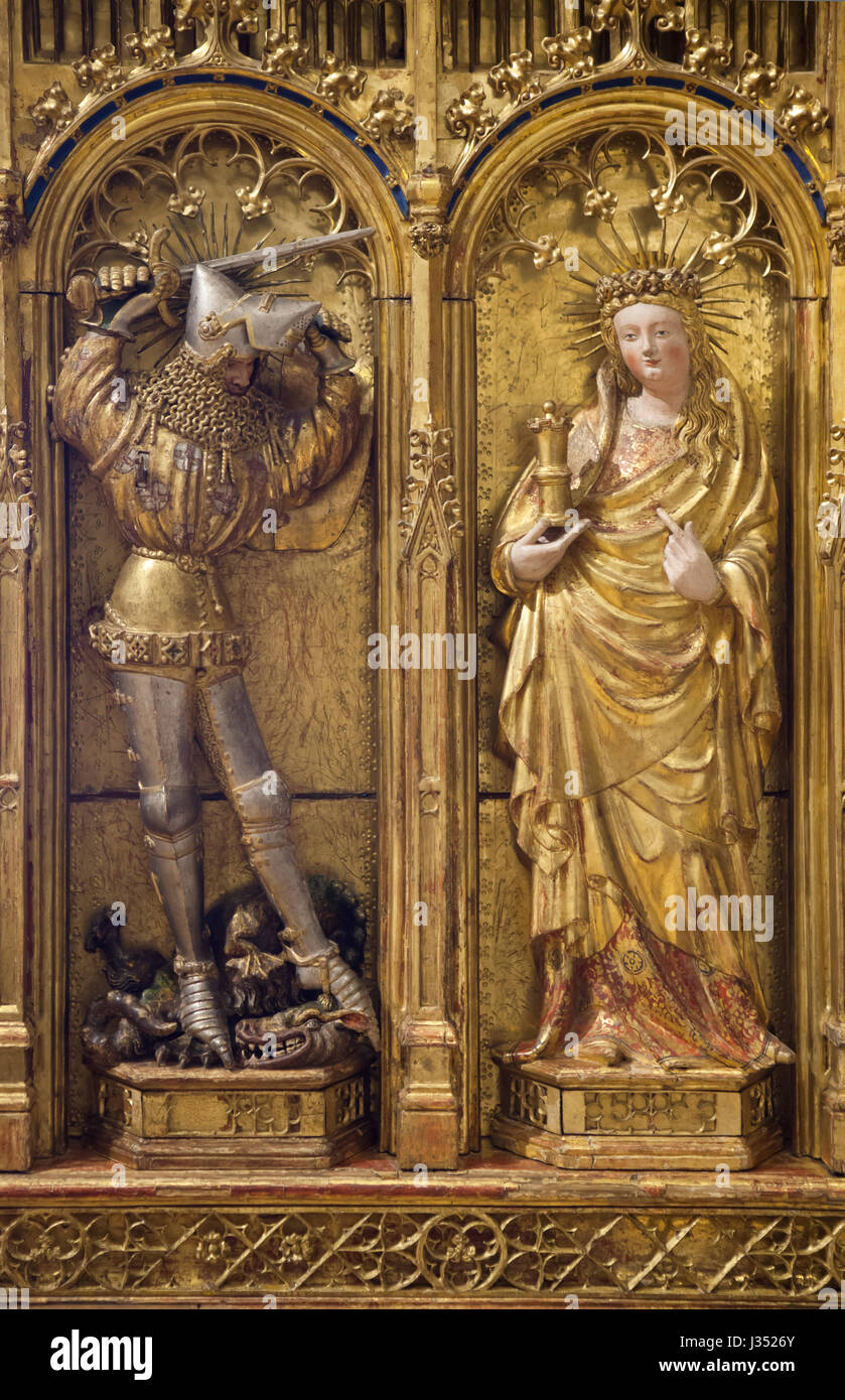 Der Heilige Georg tötet den Drachen (L) und Mary Magdalene (R). Detail des linken Flügels des ...