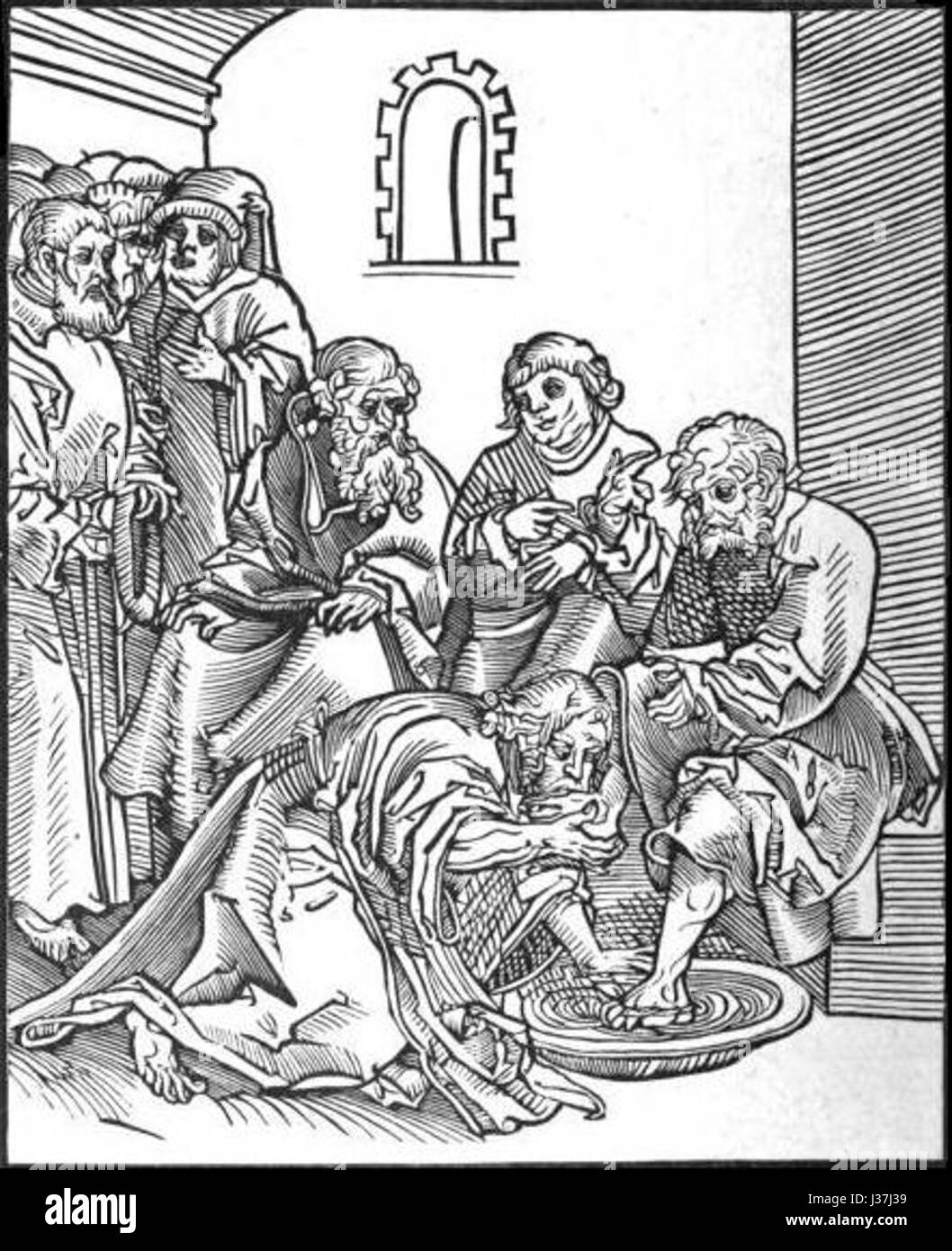 Diese biblische Szene zeigt Jesus Christus, der seinen Jüngern die Füße ...