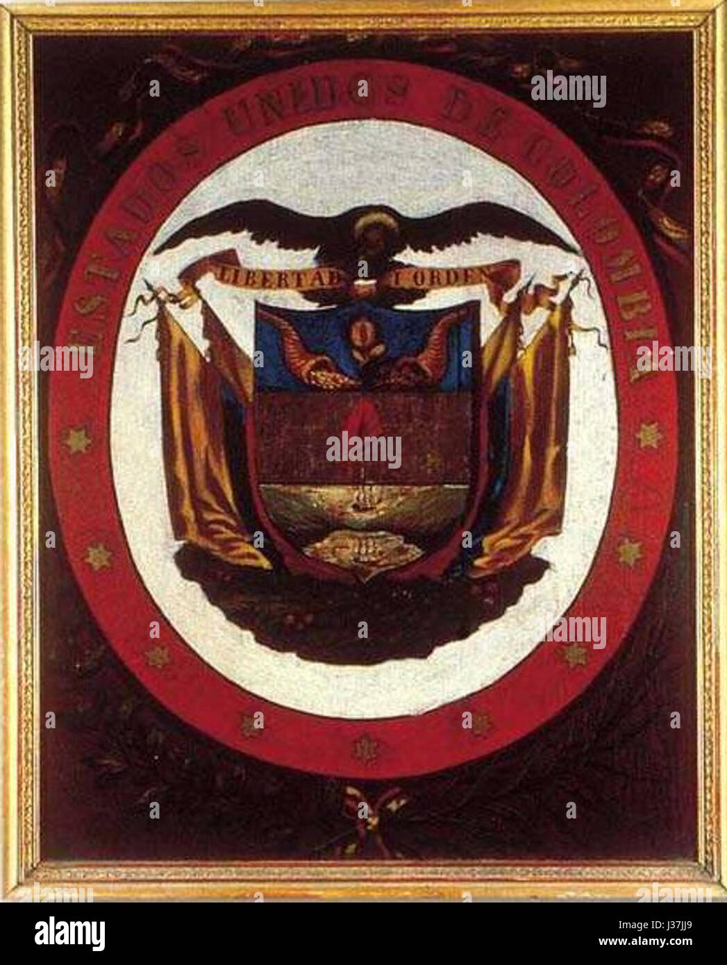 Das Wappen der Republik Kolumbien ist ein symbolisches Symbol für die ...