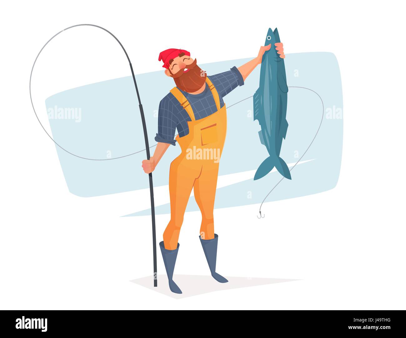 Ein Cartoon-Mann mit einem großen Fisch in der Hand. Vektor ...