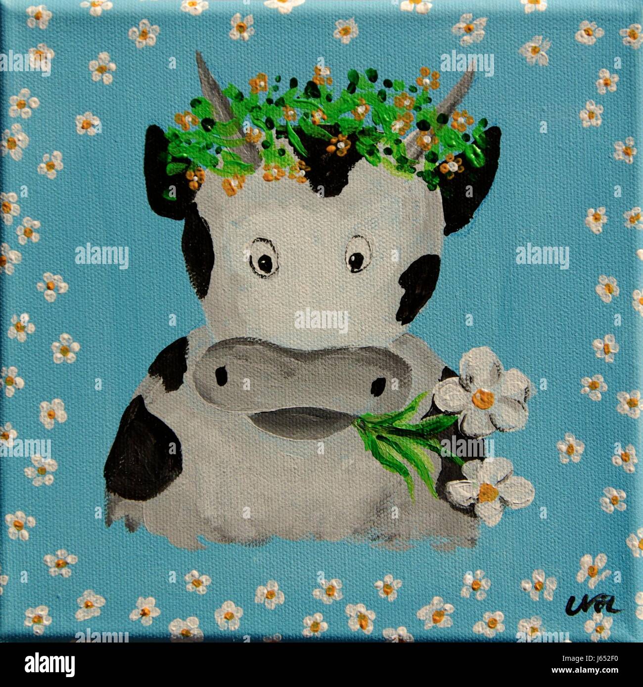 Tiermalerei witzig Frühling Kuh Gemälde Kopf blau Art comic farbig ...