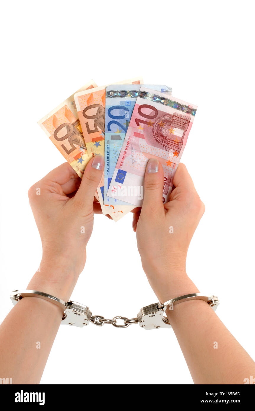 Hand Hand isoliert Handschellen verhaftet Geld Dieb Dieb Frau Hand ...