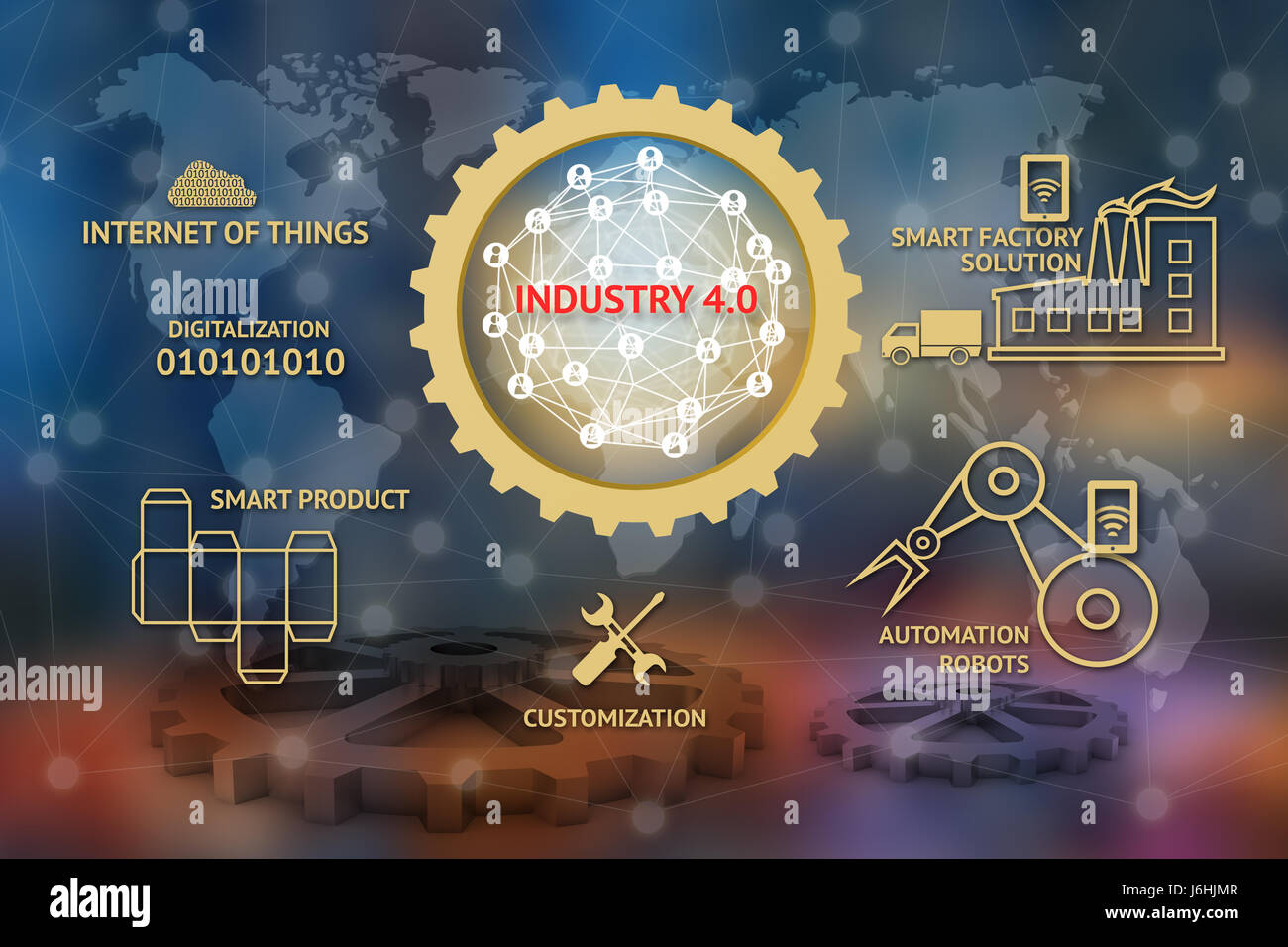 Industrielle 4.0 Konzept, Zahnräder, Internet von verdünnt, Netzwerk ...