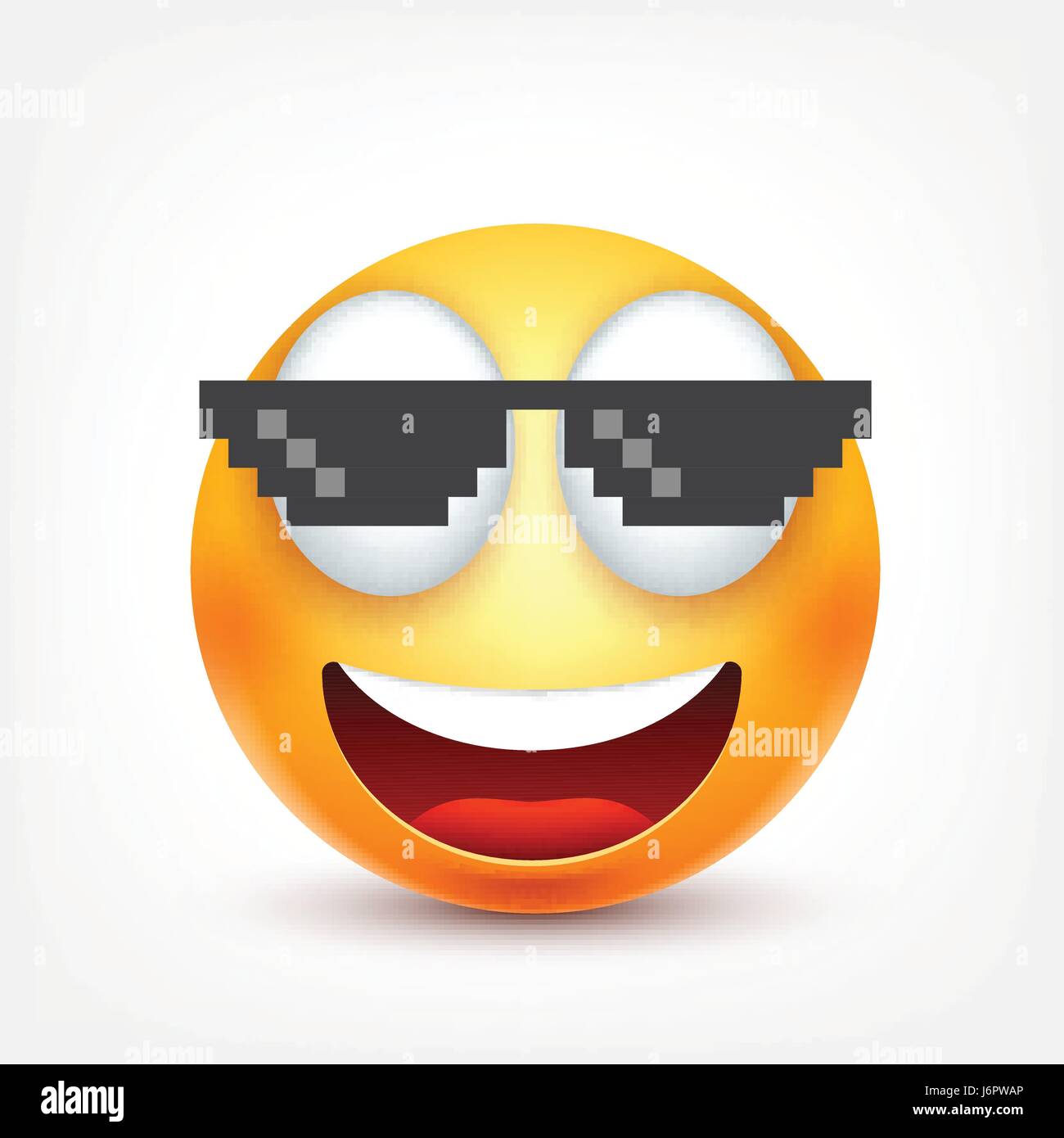Smiley mit Brille, lächelndes Emoticon. Gelbes Gesicht mit Emotionen ...