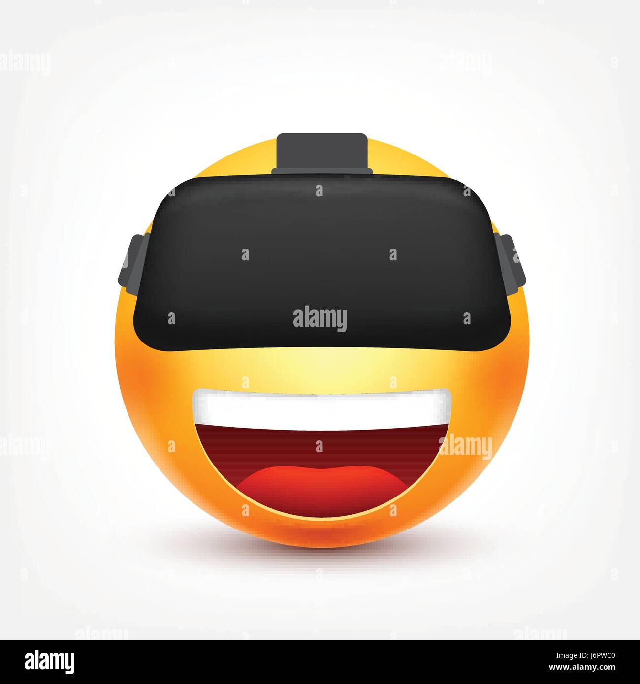 Smiley mit VR-Brille, lächelndes Emoticon. Gelbes Gesicht mit Emotionen ...