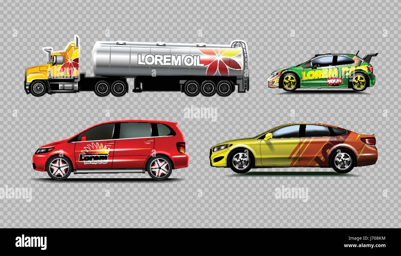 Digital vector gelb rot und grün Limousine Sport Autos Mock-up, van und ...