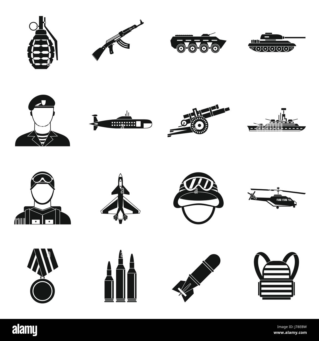 Krieg-Symbole im einfachen Stil festgelegt. Militärischer Ausrüstung ...