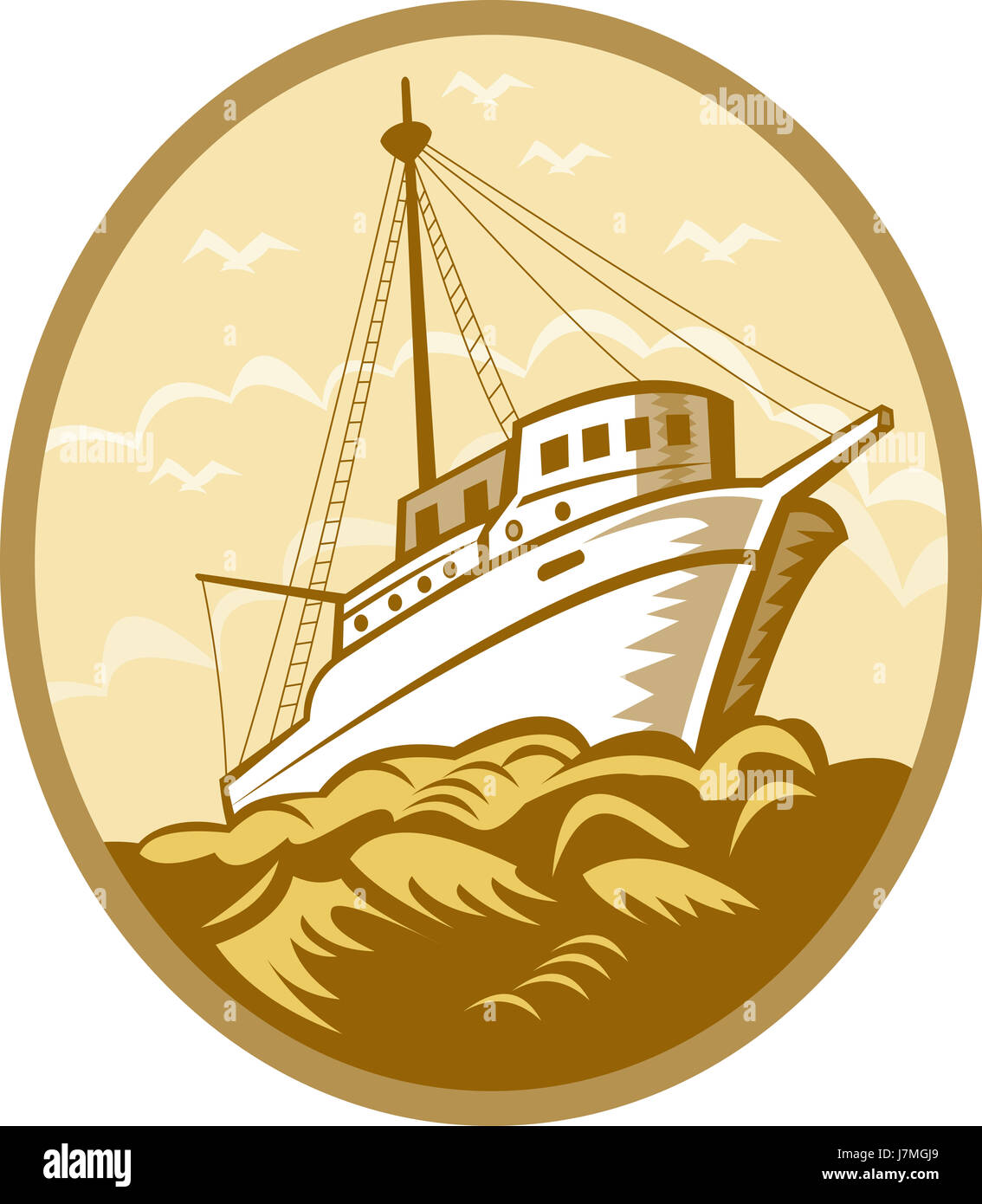 Abbildung Fischerboot Boot Retro-Schiff Trawler Salzwasser Meerwasser ...