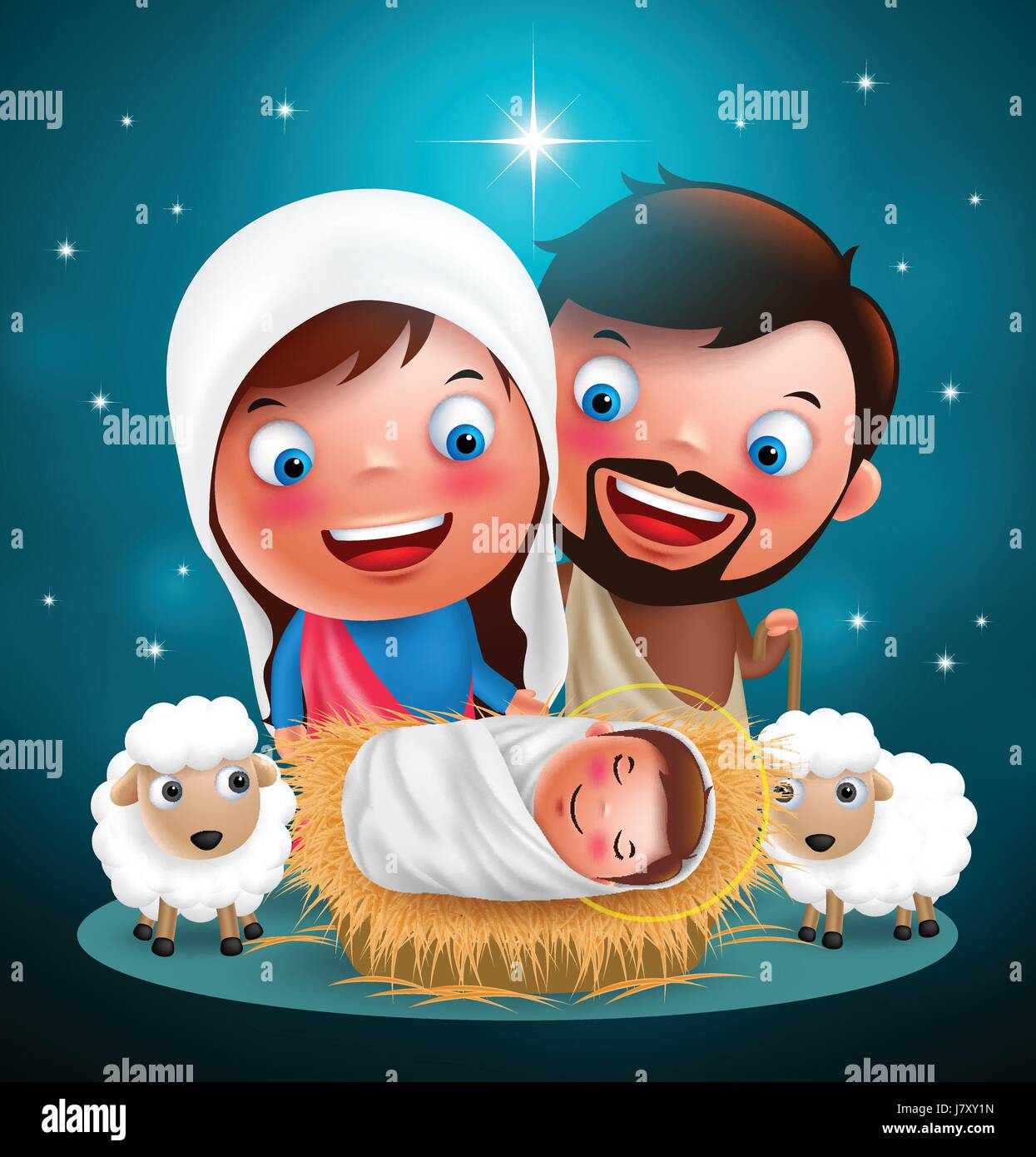 Heilige Nacht, wann Jesus geboren in Krippe mit Josef und Maria Zeichen für Weihnachten Vector ...
