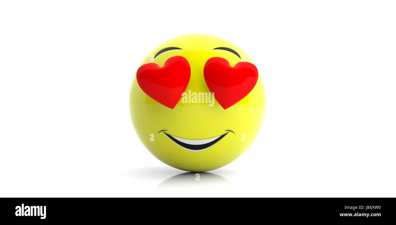 Gelber Smiley mit Lächeln und Herzen isoliert auf weißem Hintergrund ...