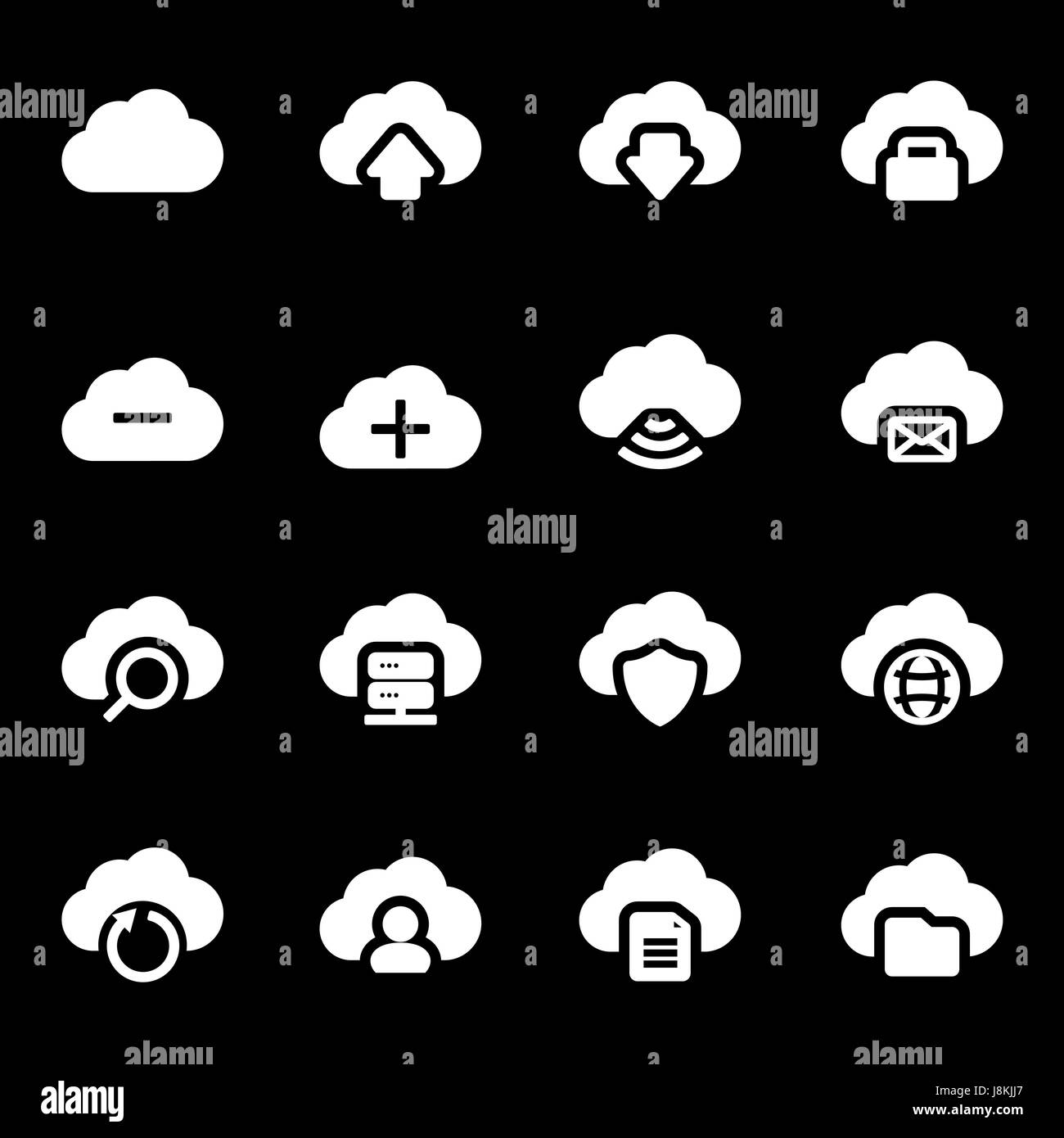 Vektor-weiße Wolke-Icons auf schwarzem Hintergrund festlegen Stock ...
