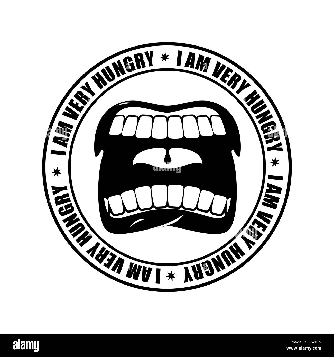 Ich bin sehr hungrig Logo. Offenem Mund und Zähne. Emblem für ...