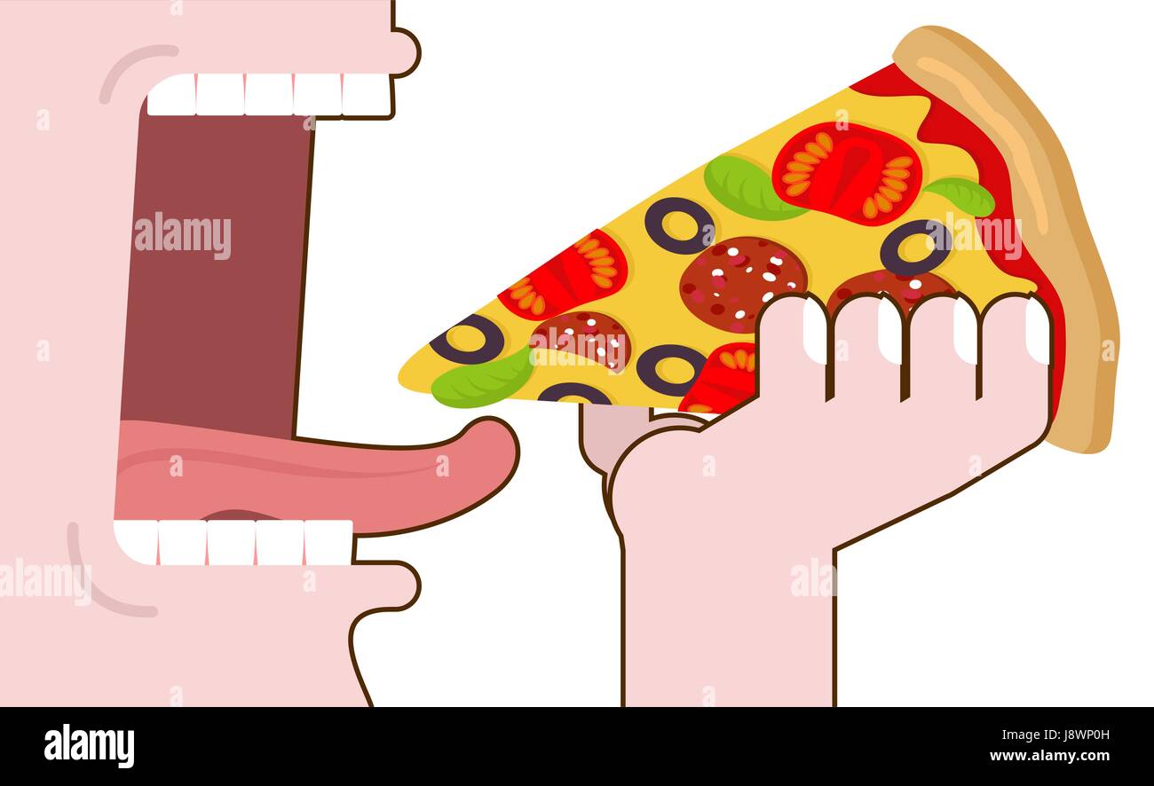 Menschen essen Pizza. Pizza-Hand. Weit geöffneten Mund mit Zähnen und ...