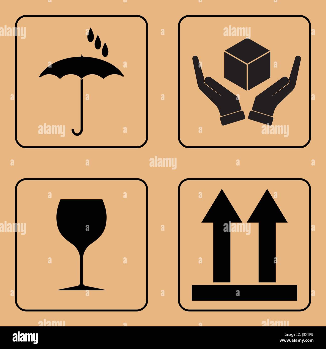 Fragile Symbol auf Karton. Reihe von fragilen Icons auf Karton Stock ...