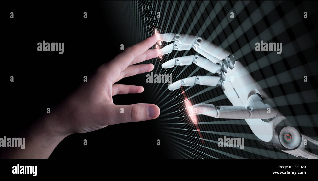 Hände der Roboter und Menschen berühren. Virtuelle Realität oder ... Hände der Roboter und Menschen berühren. Virtuelle Realität oder ...