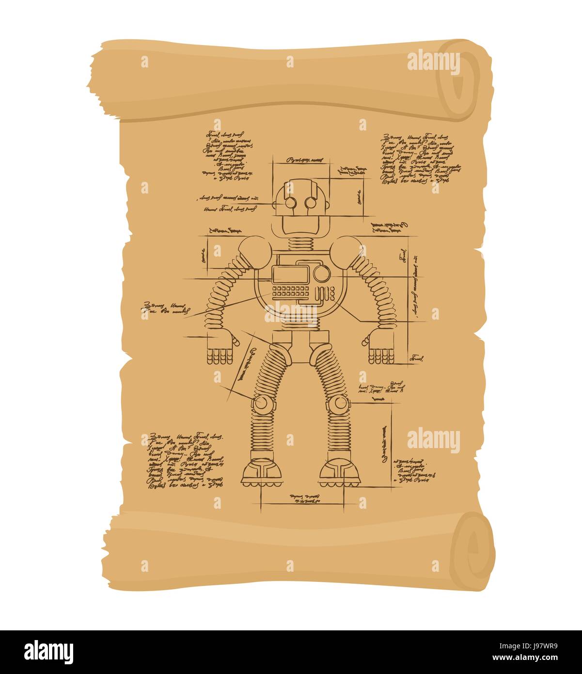 Zeichnung Roboter alte Schriftrolle. Retro-Schema der technologischen ...