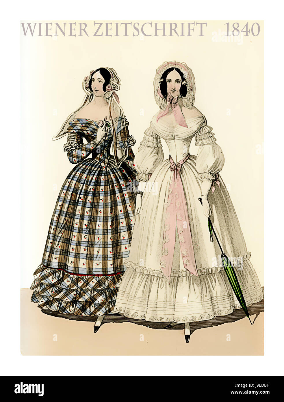 Vienna 1840 Mode, zwei junge Damen Lust gekleidet mit Hut und ...