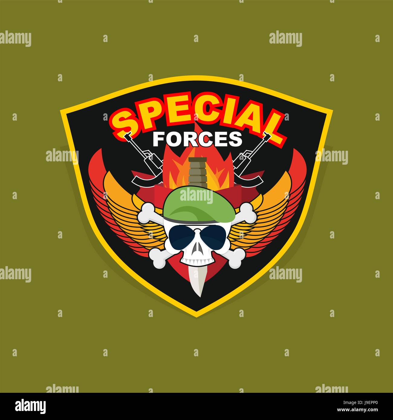 Militärische Emblem mit einem Totenkopf und die Waffe. Flügel auf ...
