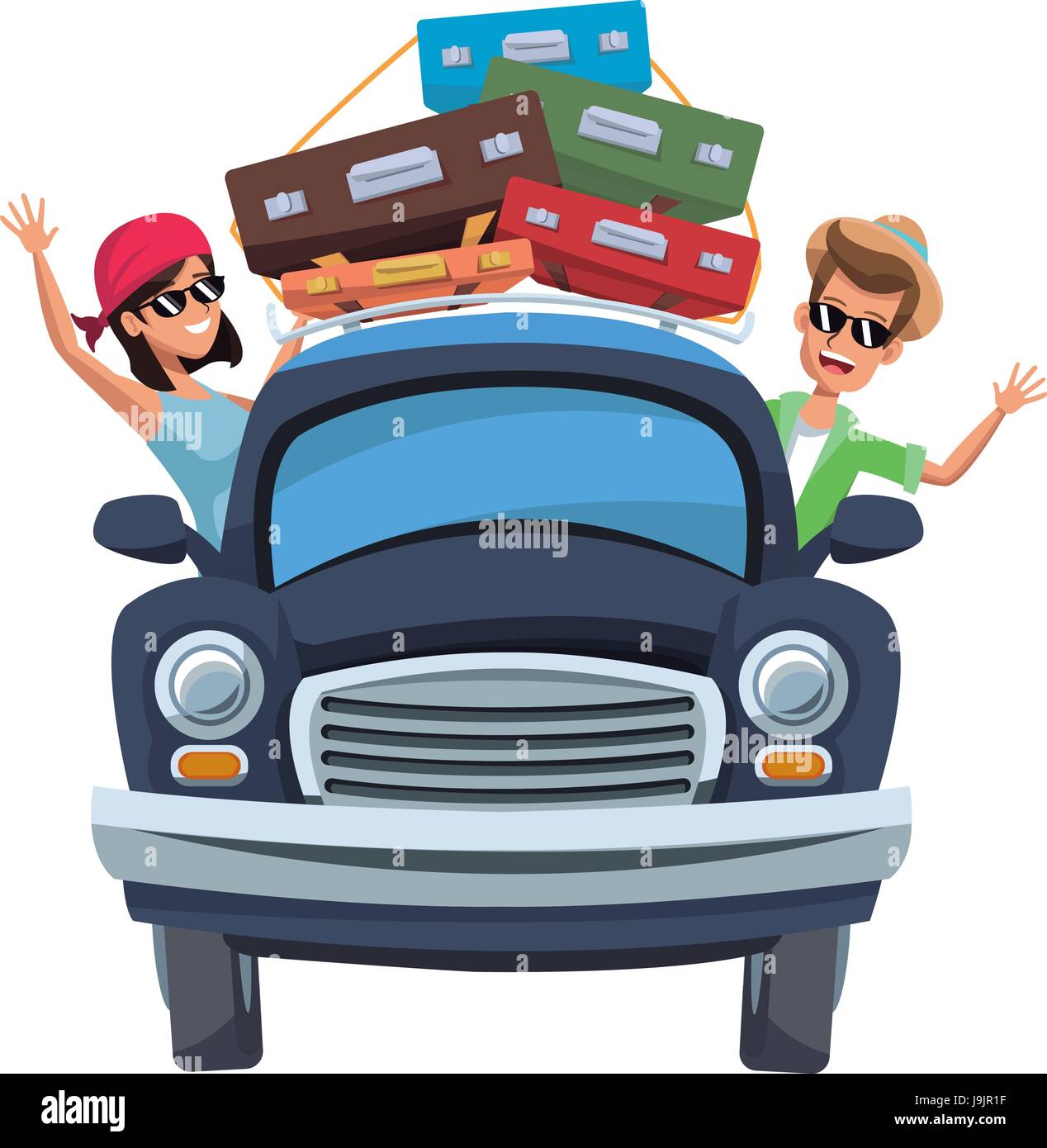 Cartoon Charakter Reisende mit Oldtimer mit Gepäck an der Spitze Stock ...