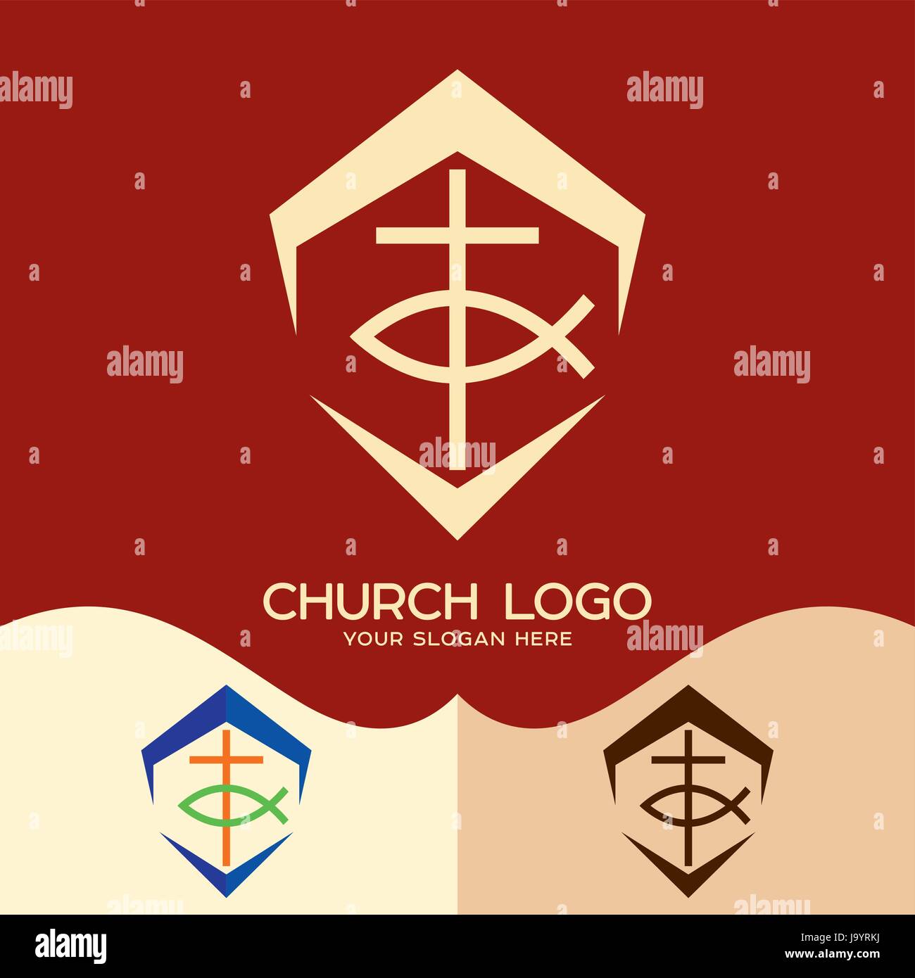 Logo der Kirche. Cristian Symbole. Kreuz und Fisch Stock-Vektorgrafik ...