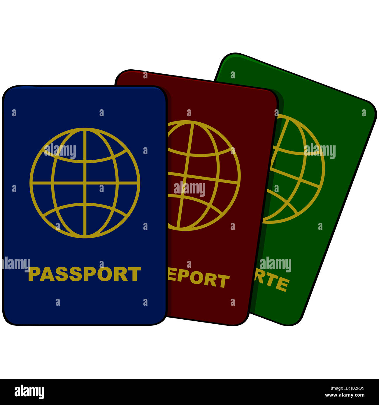Comic-Illustration zeigt drei Pässe in verschiedenen Farben und ...