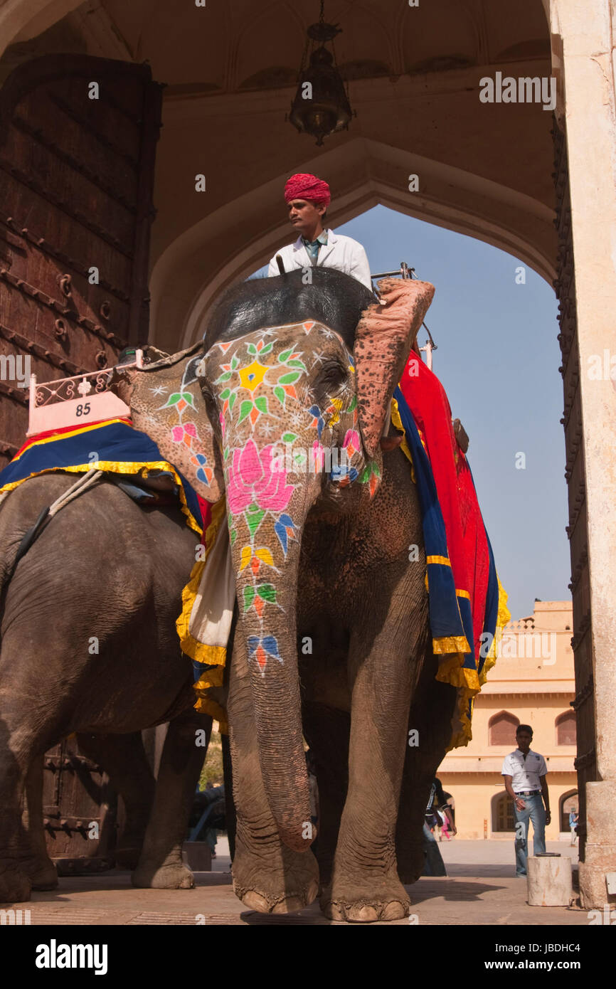 Mahut auf einem geschmückten Elefanten durch den Eingang des Amber Fort ...