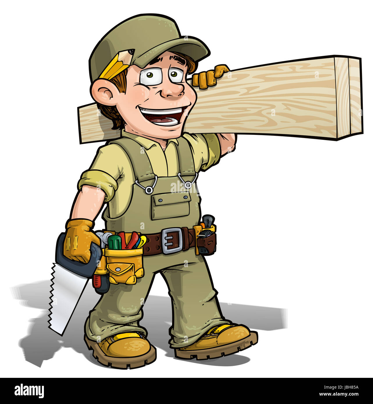 Comic-Illustration von einem Heimwerker - Tischler mit Holzplatten ...