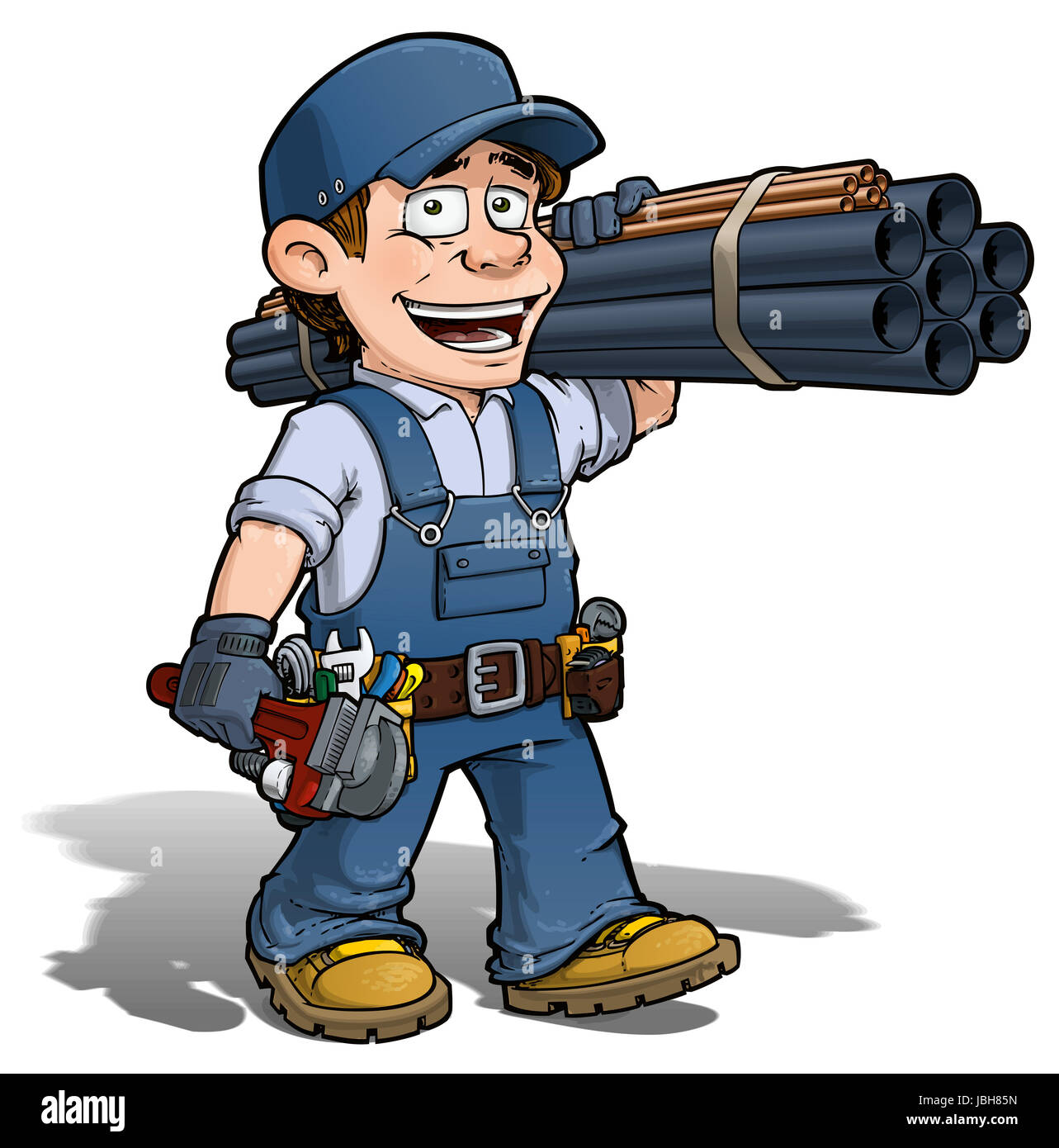 Cartoon Illustration ein Heimwerker - Klempner mit Rohren und einem ...