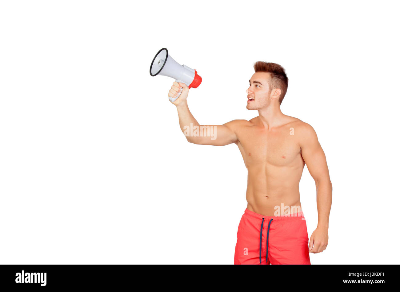 Mann, der zu einem roten megaphon spricht -Fotos und -Bildmaterial in ...